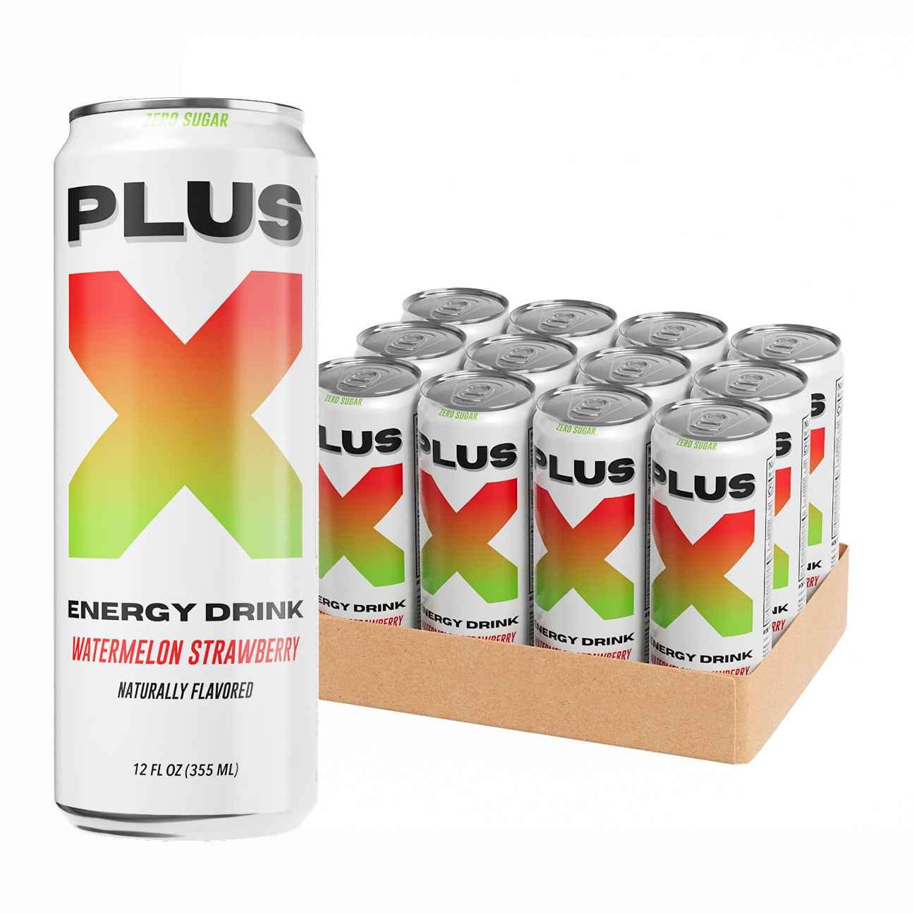 PLUS X Energy Drink – Watermelon Strawberry - 12 Pack | No Sugar, Calo